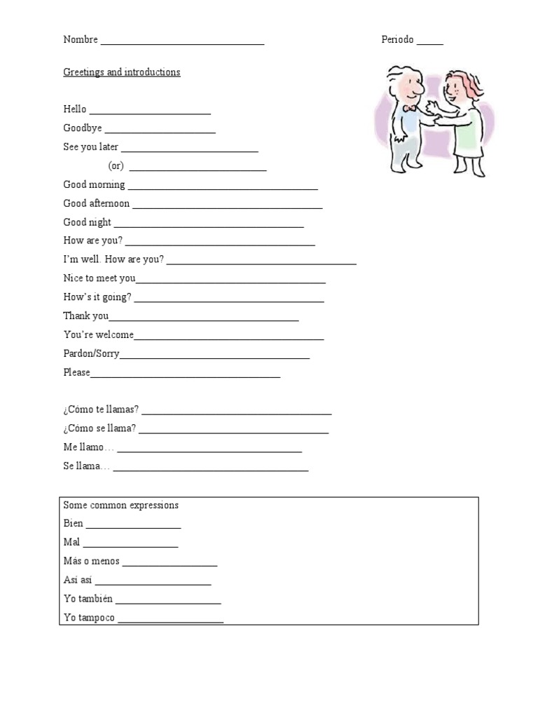 GreetingsandIntroductionVocabularysheet 1 | PDF