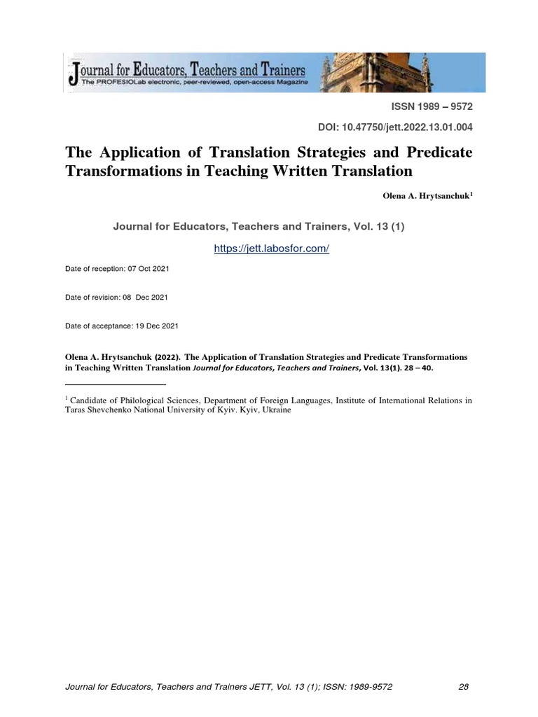 The Application of Translation Strategies and Predicate Transformations ...