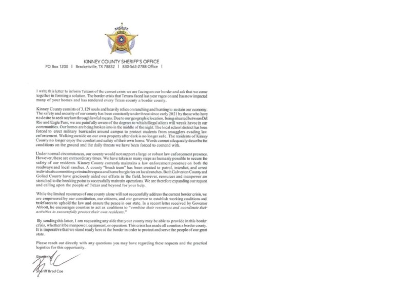 Kinney County Letter From Sheriff Brad Coe | PDF