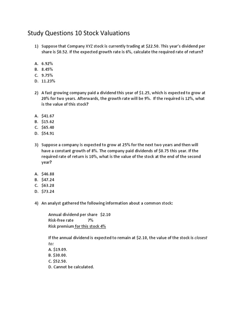 Study Questions Stock Valuations | PDF | Dividend | Yield (Finance)
