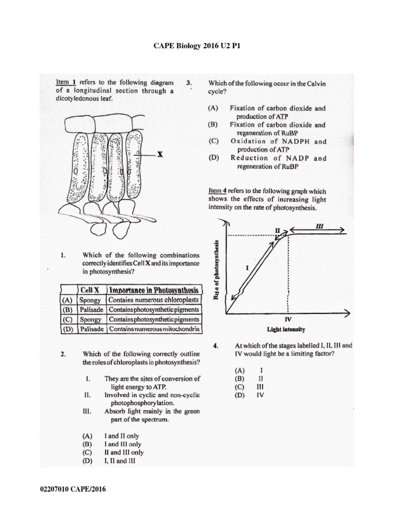 CAPE Biology Unit 2 Past Paper 2016 | PDF