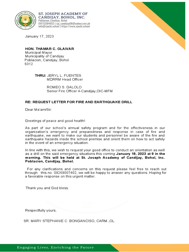 Earthquake and Fire Drill Letter Request | PDF