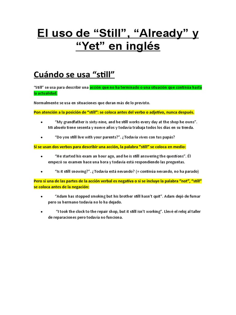 Uso de "Still", "Already" y "Yet" | PDF | Gramática | Lingüística