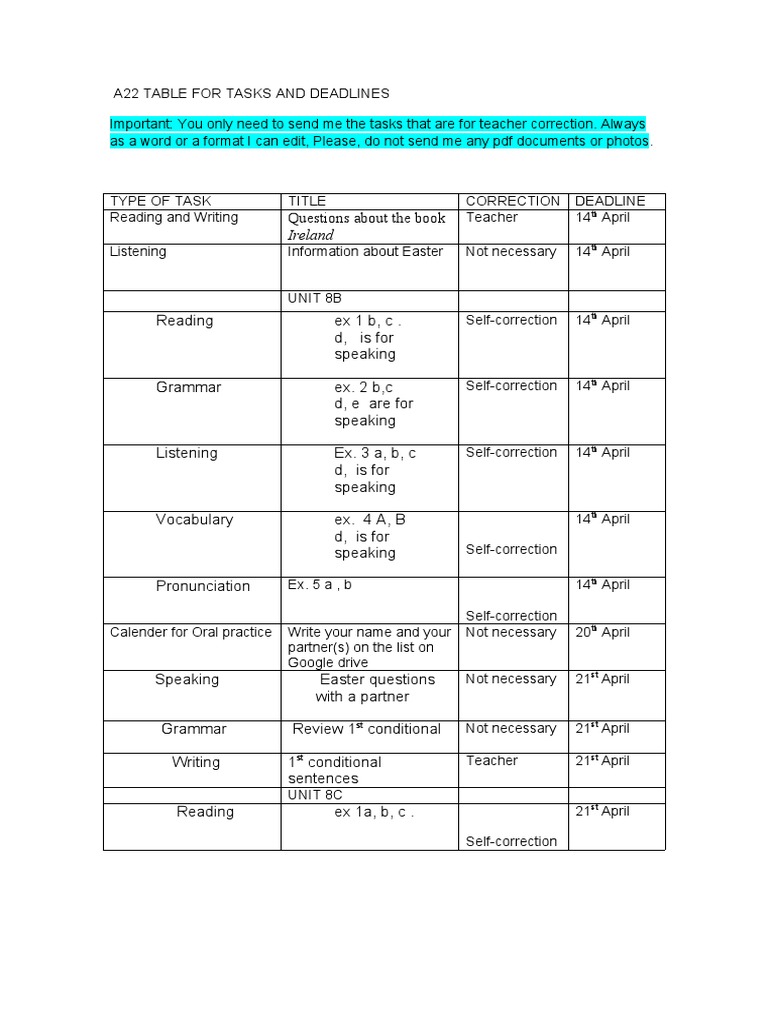 A22 Table For Tasks and Deadlines | PDF | Vocabulary | Applied Linguistics