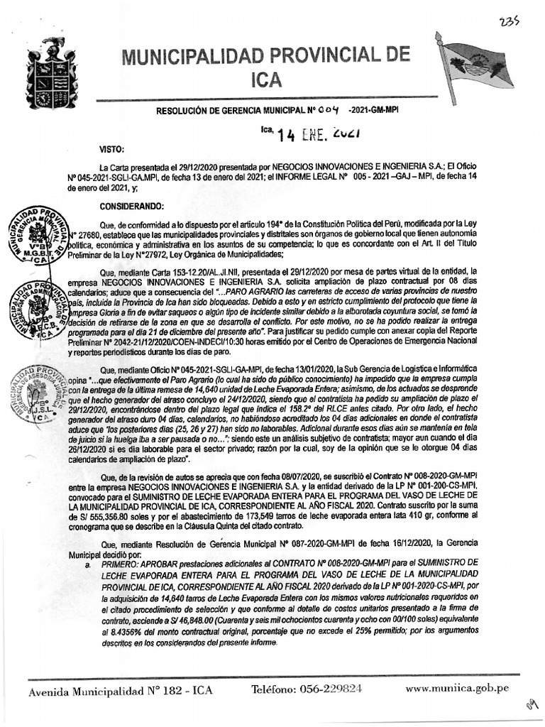 Resolución de Gerencia Municipal #004-2021-Gm-Mpi | PDF