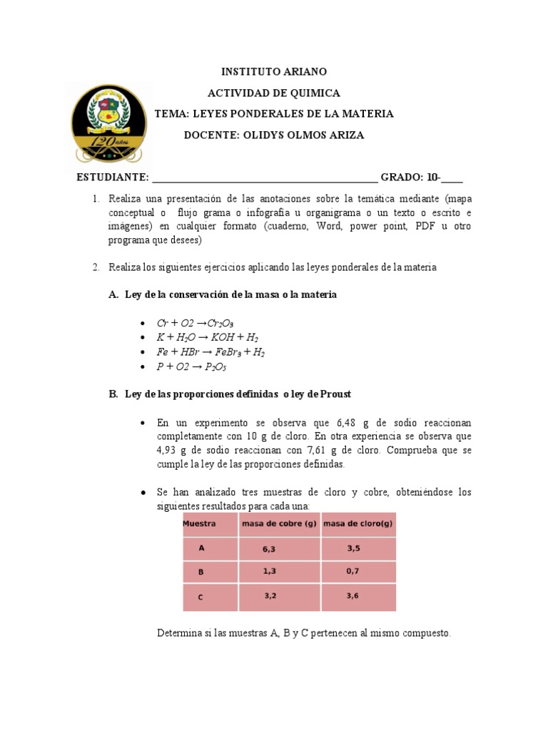 GUIA LEYES PONDERALES Libory | PDF | Cloro | Oxígeno