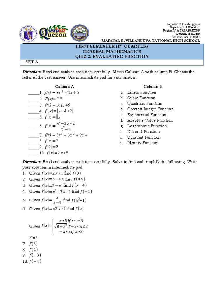 Quiz 2 Eval Func Set A Pdf Function Mathematics Discrete Mathematics 