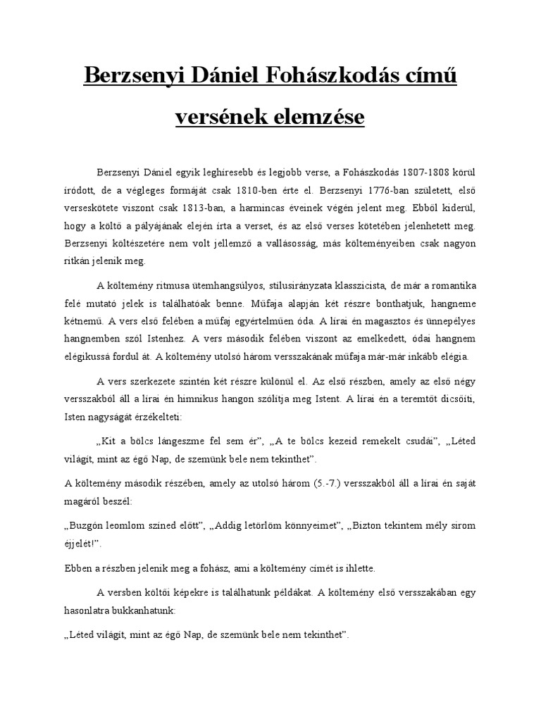 Berzsenyi Dániel Fohászkodás Című Versének Elemzése | PDF