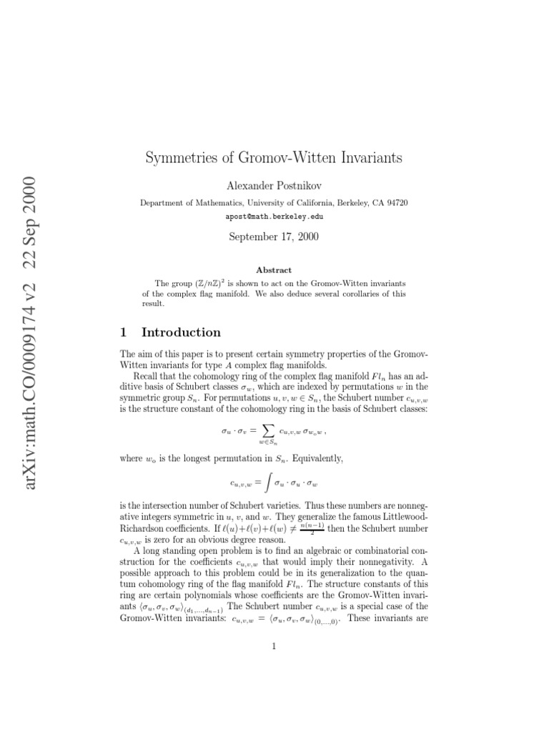 Symmetries of Gromov-Witten Invariants | PDF | Ring (Mathematics ...