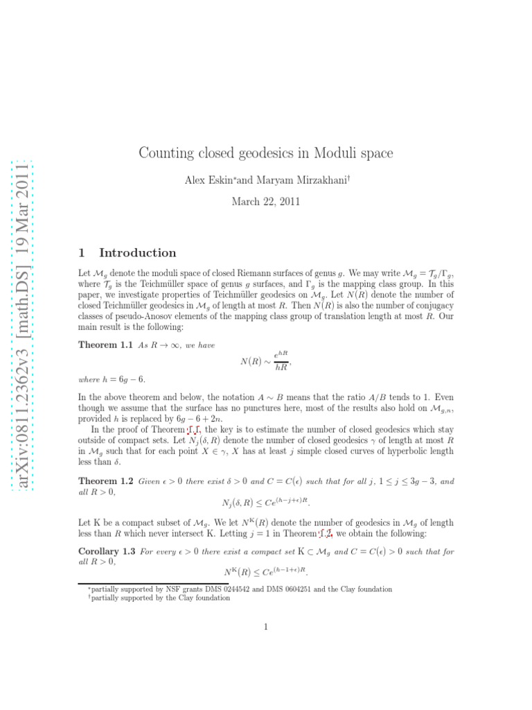 Counting Closed Geodesics in Moduli Space | PDF | Functions And Mappings | Topological Spaces
