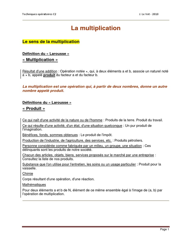Définition et Techniques de Multiplication | PDF | Multiplication ...