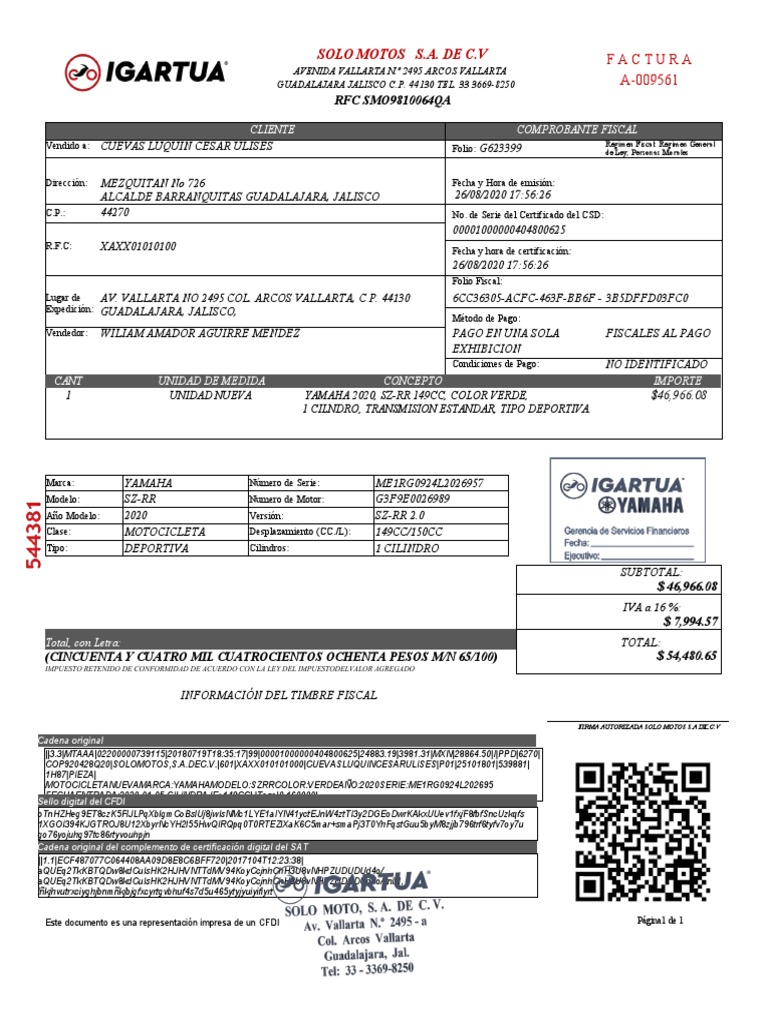 Factura Moto Yamaha Jose Luis | PDF | Tecnología de vehículos ...
