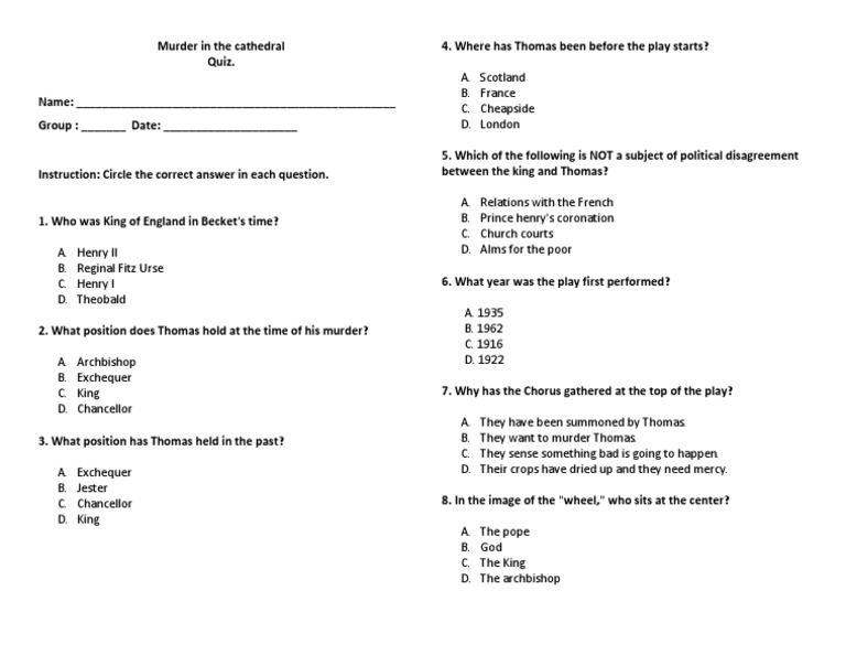 Murder in The Cathedral Quiz | PDF | History