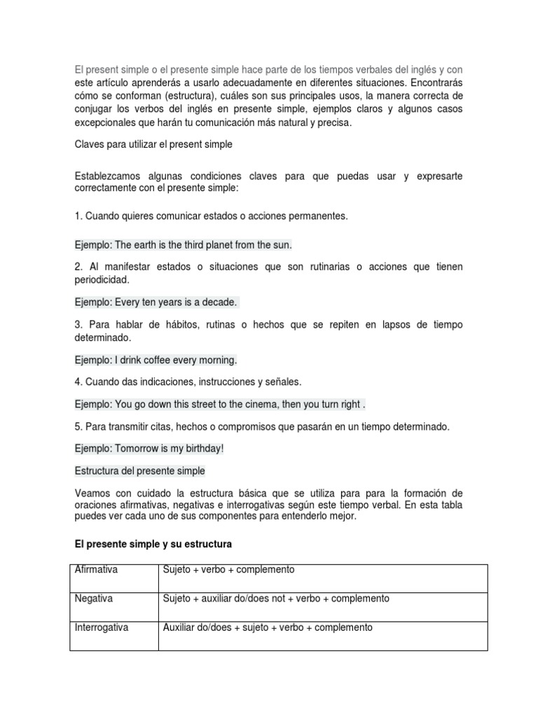 El Present Simple o El Presente Simple Hace Parte de Los Tiempos ...