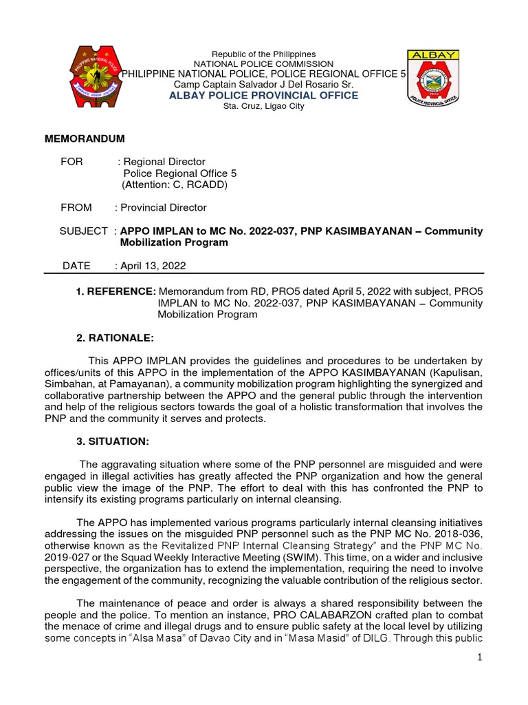 Appo Implan To MC No. 2022 037 PNP Kasimbayanan Community Mobilization ...