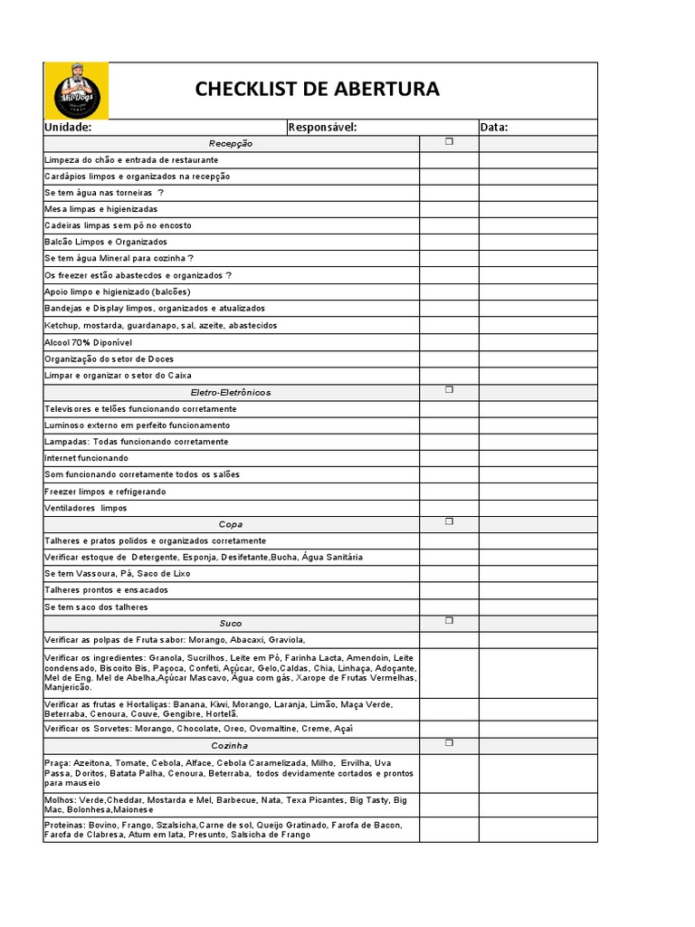 Checklist - Abertura e Fechamento | Download grátis PDF | Cachorro ...