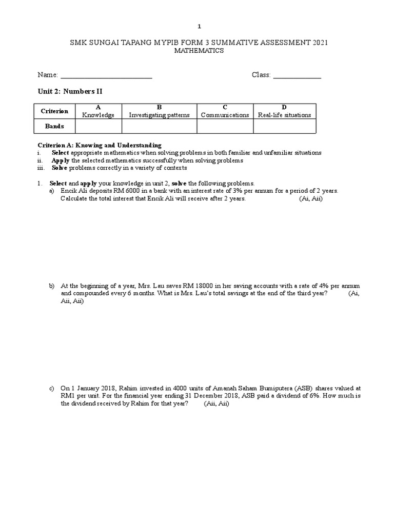 Form 3 Summative Assessment Unit 2 Mathematics 2021 | PDF | Interest ...