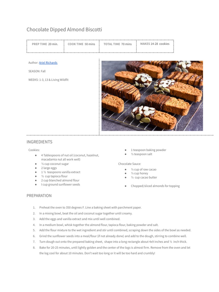 Chocolate Dipped Almond Biscotti RECIPE CARD | PDF | Chocolate | Flour