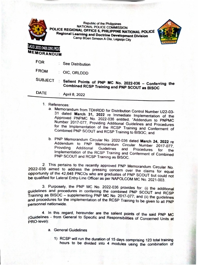 RCSP Training and PNP SCOUT As BISOC | PDF