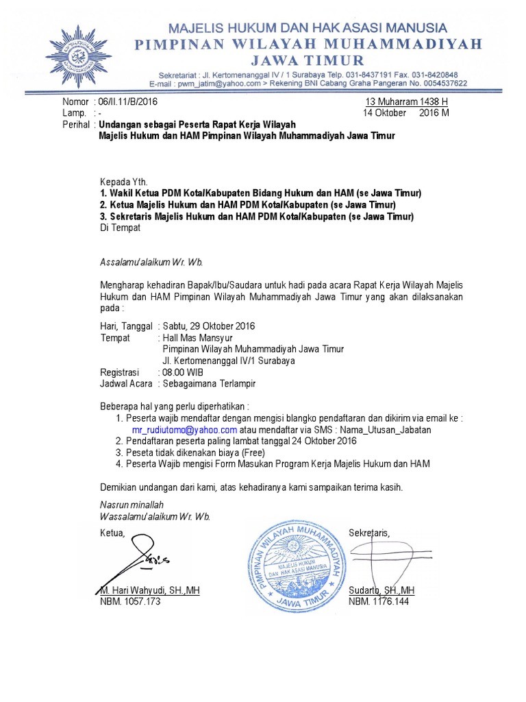 Undangan Sebagai Peserta Rakerwil Majelis MHH | PDF