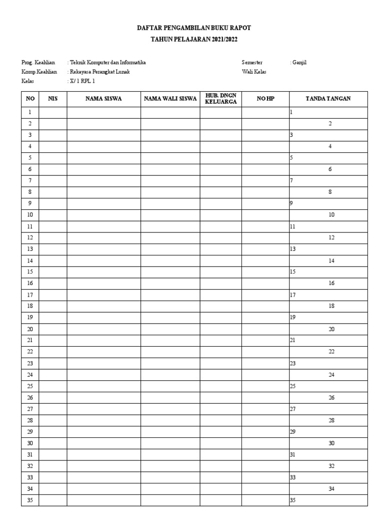 Absensi Pengambilan Rapot - Kosong | PDF