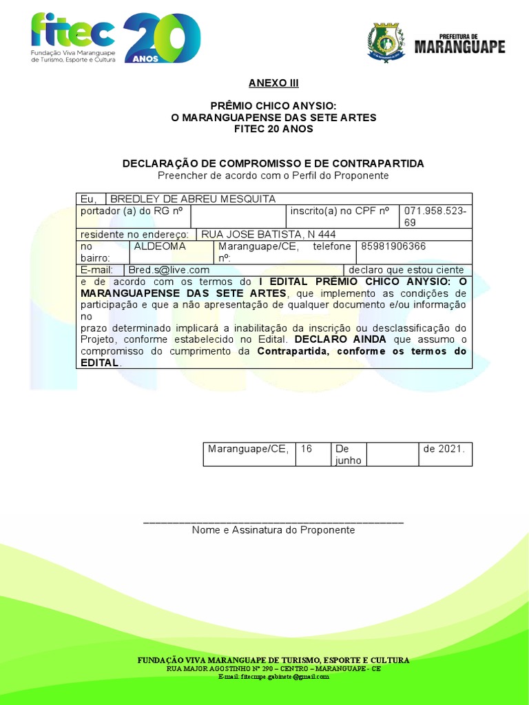 Anexo Iii Declaracao de Compromisso e de Contrapartida | PDF