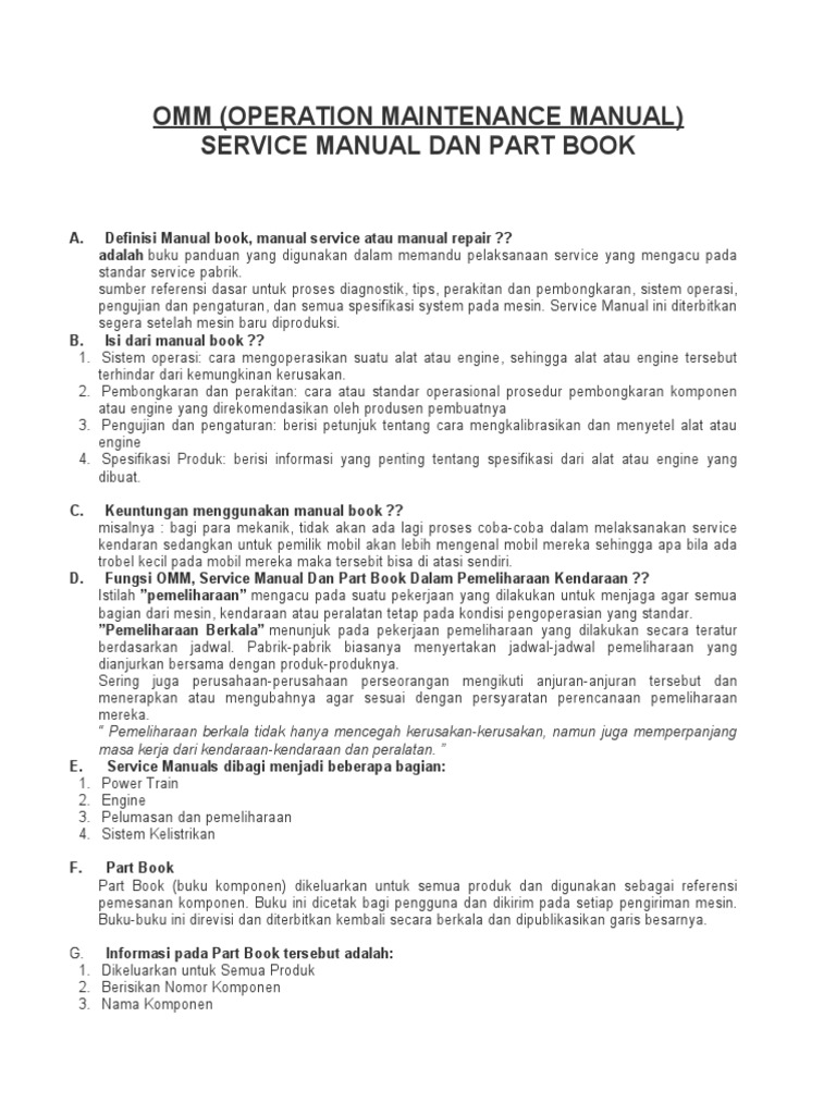Omm (Operation Maintenance Manual) Service Manual Dan Part Book | PDF