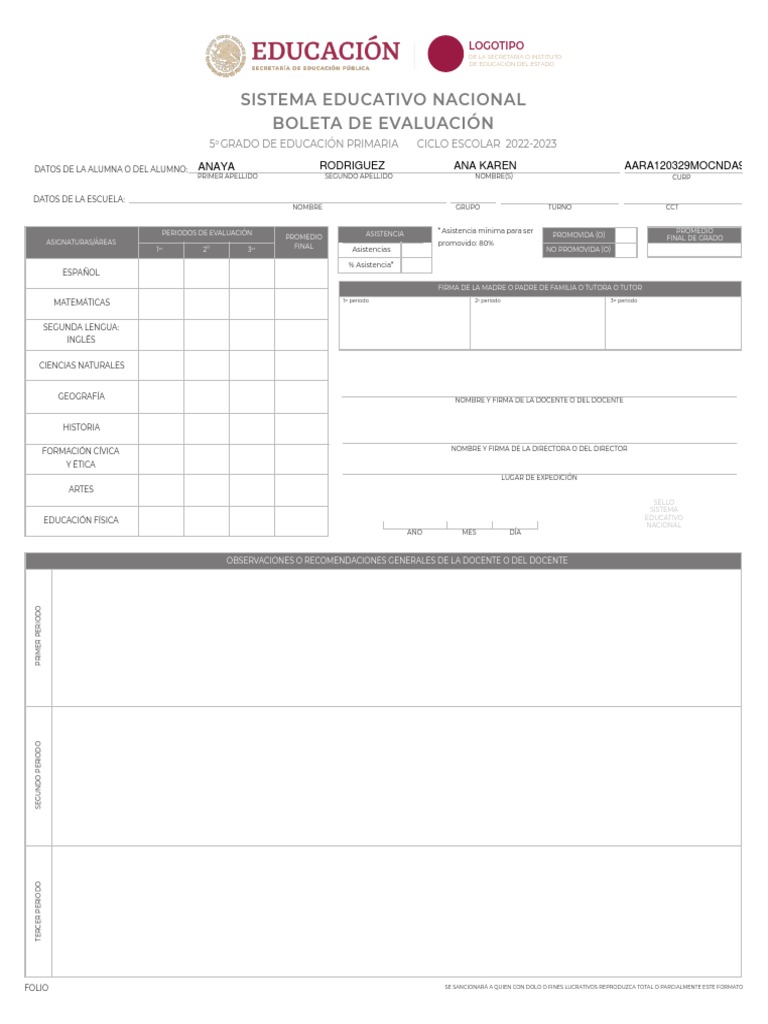 Boleta de Evaluación Primaria 2022-2023 | PDF