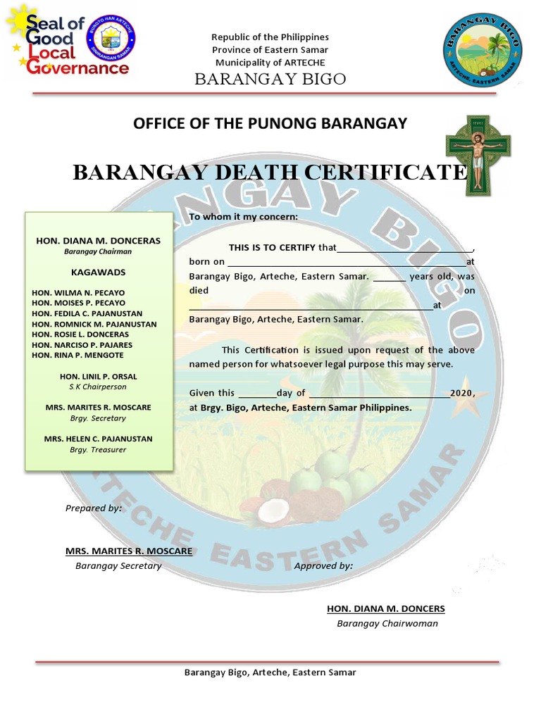 Barangay Death Certificate Template | PDF
