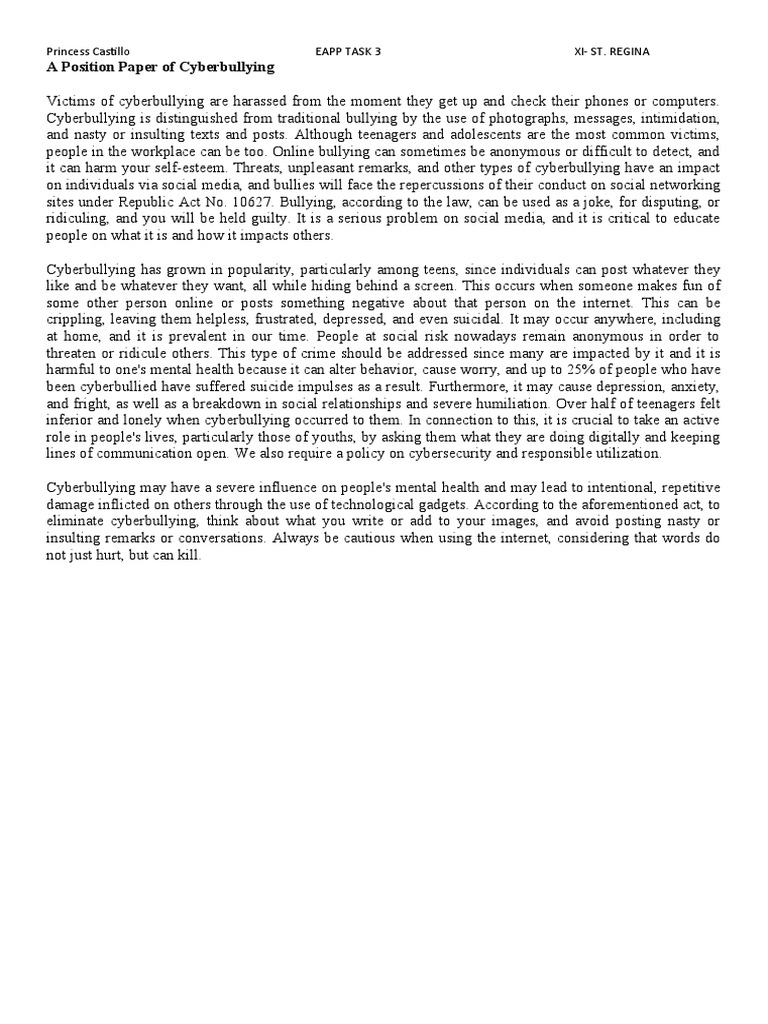 Castillo, Princess (EAPP TASK 3) Position Paper Cyberbullying | PDF ...