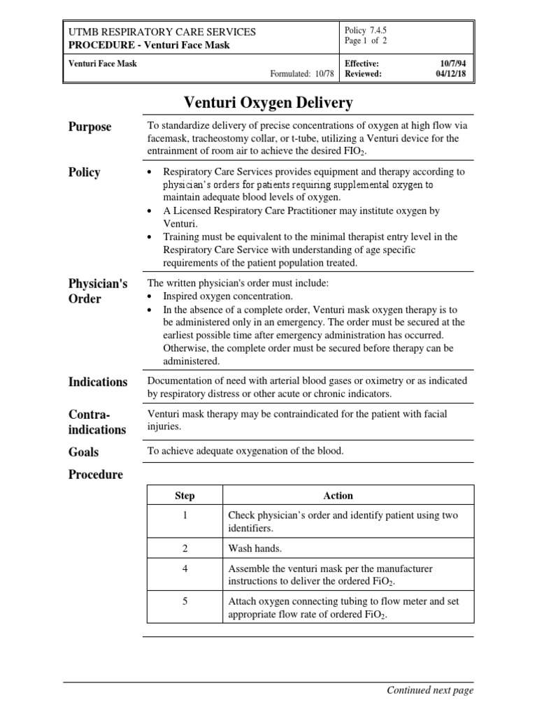 Venturi Mask Oxygen Administration Guide | PDF | Health Sciences ...