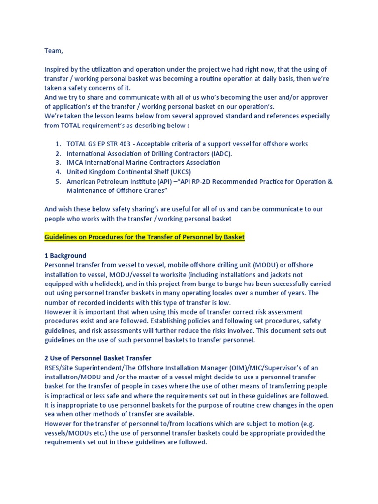 Transfer Personnel Basket | PDF | Crane (Machine) | Offshore Drilling