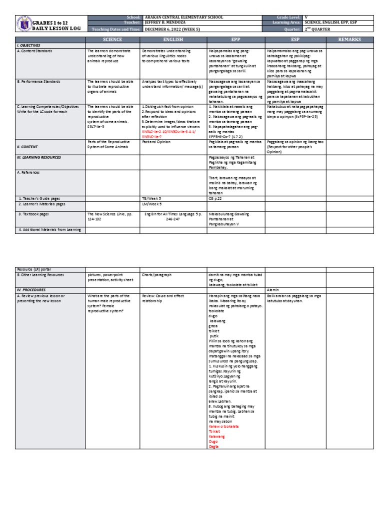 DLL Q2W5D2 Science, English, Epp, Esp | PDF | Dogs | Learning