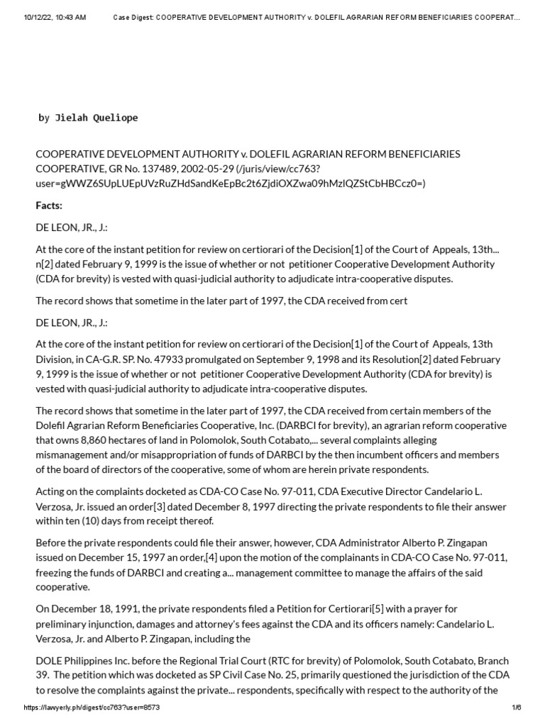 Case Digest - COOPERATIVE DEVELOPMENT AUTHORITY v. DOLEFIL AGRARIAN REFORM BENEFICIARIES ...