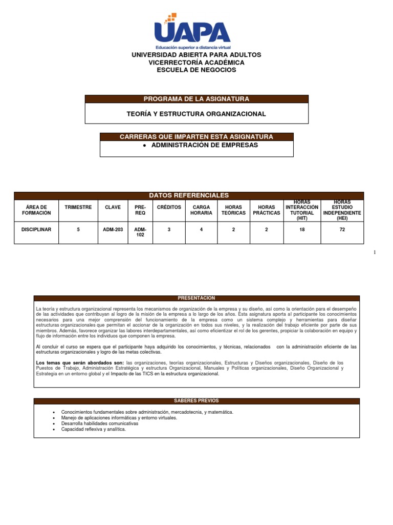 Programa Teoria y Estructura Organizacional | PDF | Business | Diseño