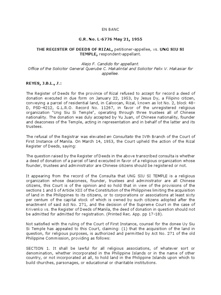 Register of Deeds Vs Ung Sui Si Temple, 97 PHIL 58 (1955) | PDF | Corporations | Constitution