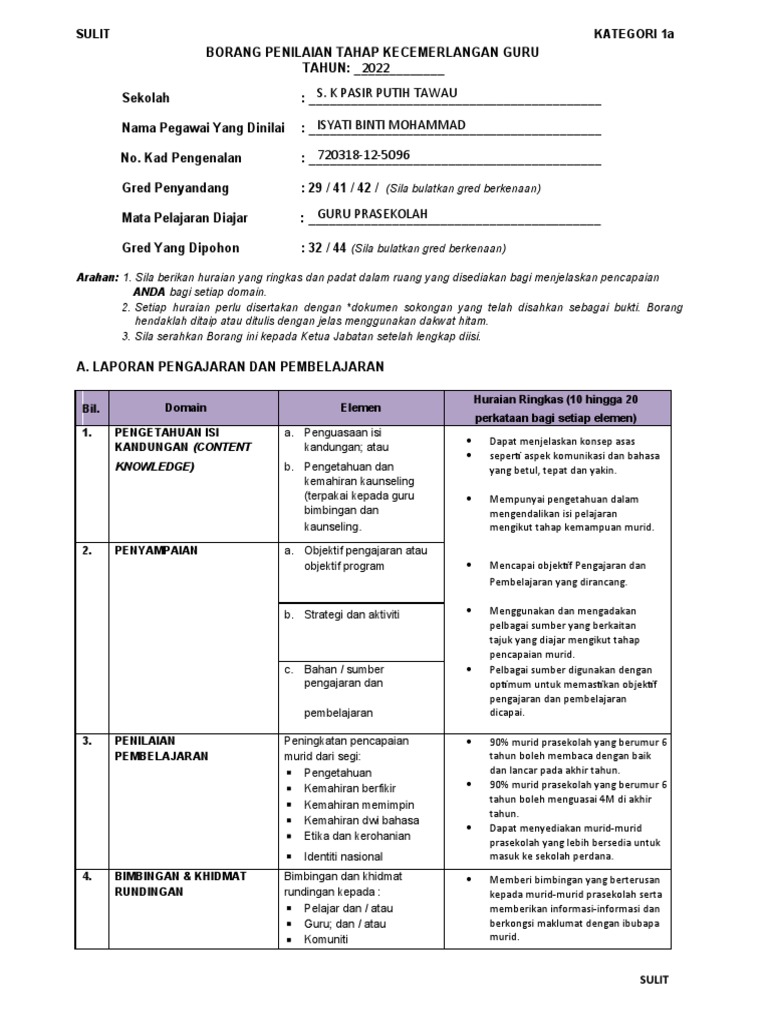 Borang Penilaian Tahap Kecemerlangan Guru Isyati | PDF