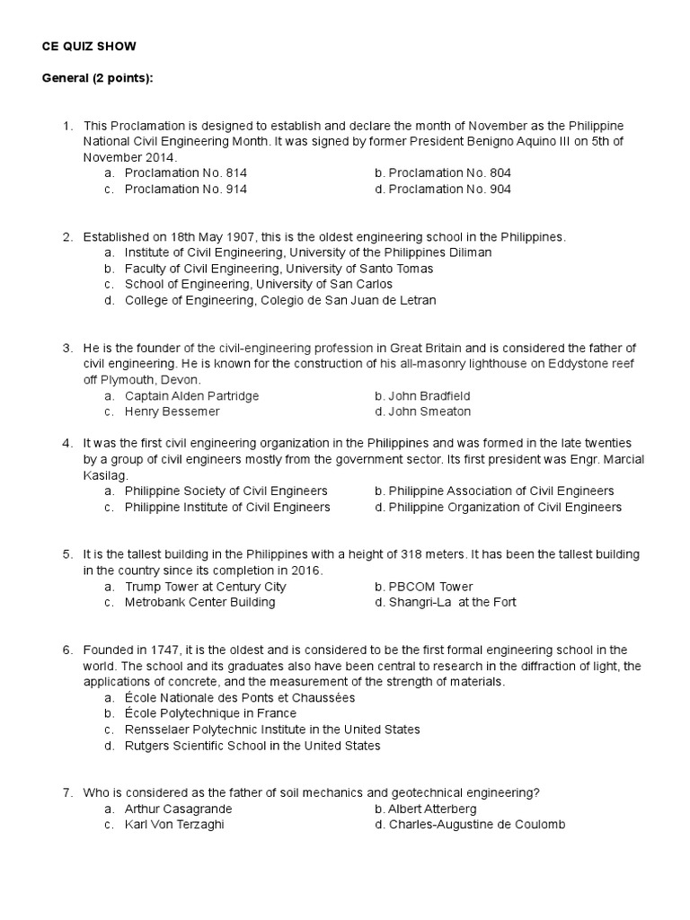 Civil Engineering Quiz Challenge | PDF | Geotechnical Engineering ...