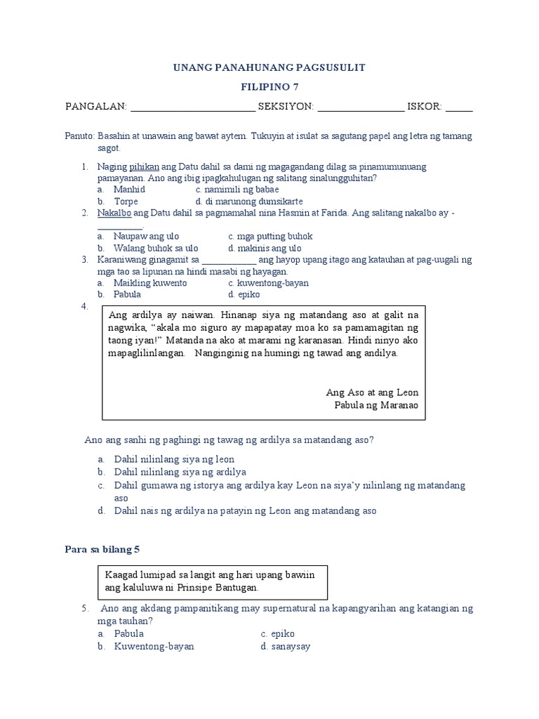 Unang Panahunang Pagsusulit Grade 7 Selga 1 | PDF