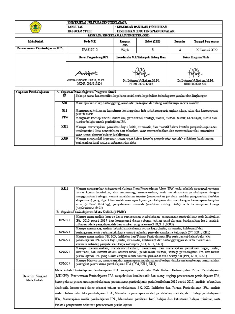 RPS Perencanaan Pemelajaran Ipa 2022 | PDF