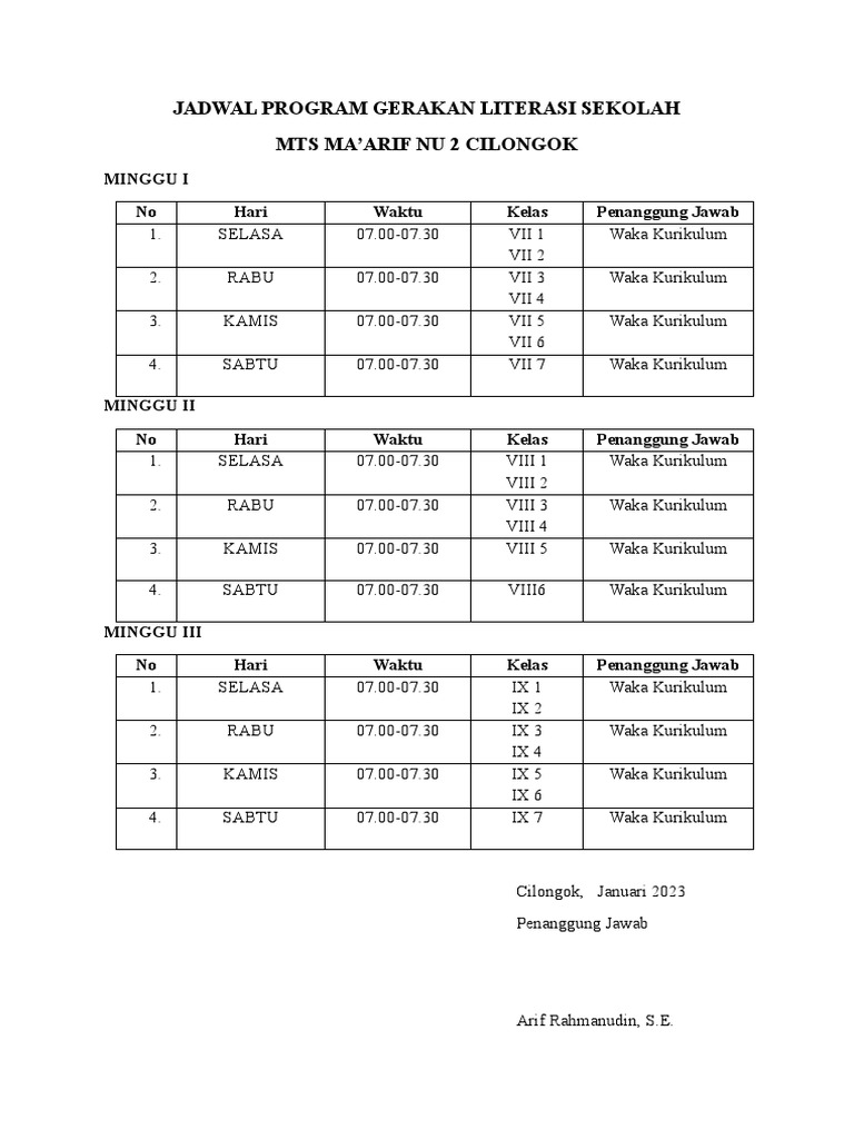 Jadwal Program Gerakan Literasi Sekolah | PDF