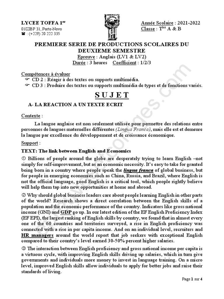 1ER DEVOIR DU 2ÈME SEMESTRE ANGLAIS Tle A-B 2021-2022 LYCEE TOFFA 1ER | PDF | Human Development ...