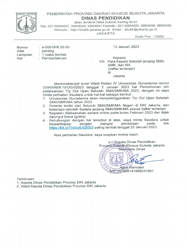 Surat Pemberitahuan TryOut Gunadarma 2023 | PDF