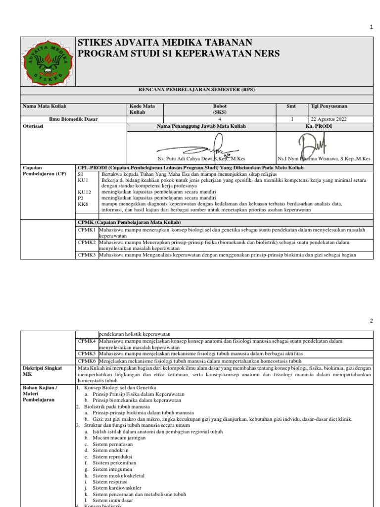 RPS Ilmu Biomedik Dasar Advaita | PDF