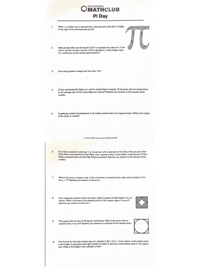 Pi Day Problems | PDF Pi Day Problems | PDF