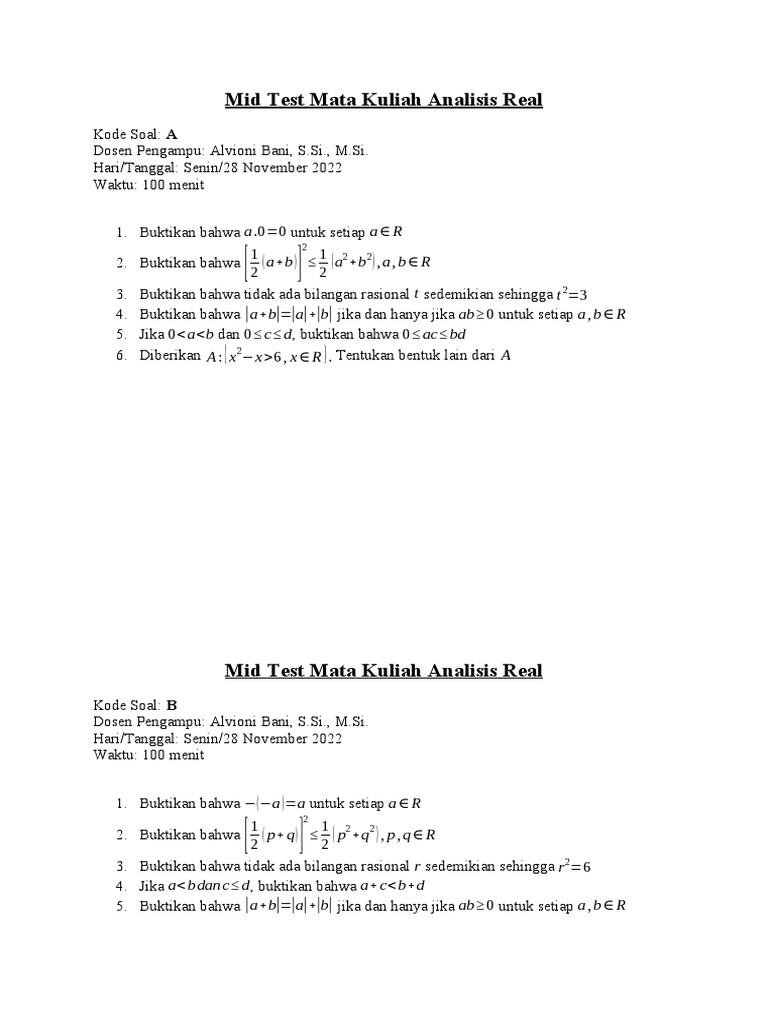 Mid Test Mata Kuliah Analisis Real | PDF