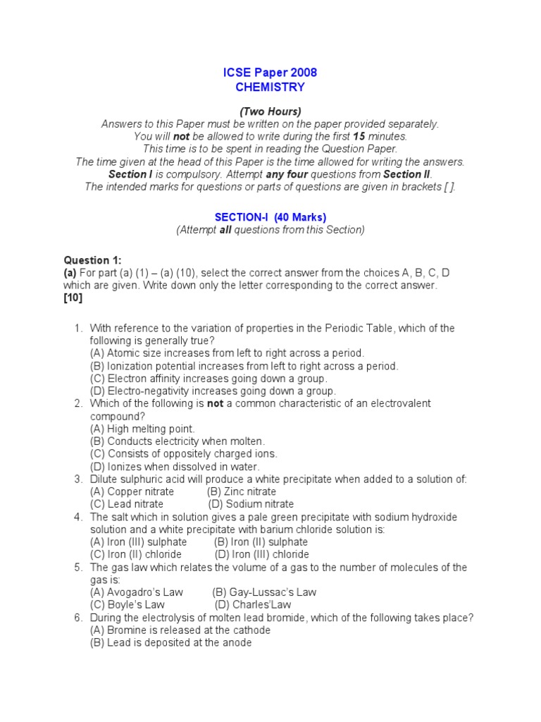 ICSE Paper 2008 | PDF | Oxide | Sulfuric Acid