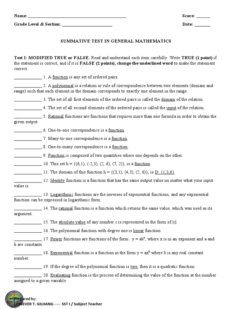 Summative Test q1 Gen Math | PDF | Function (Mathematics) | Functions ...