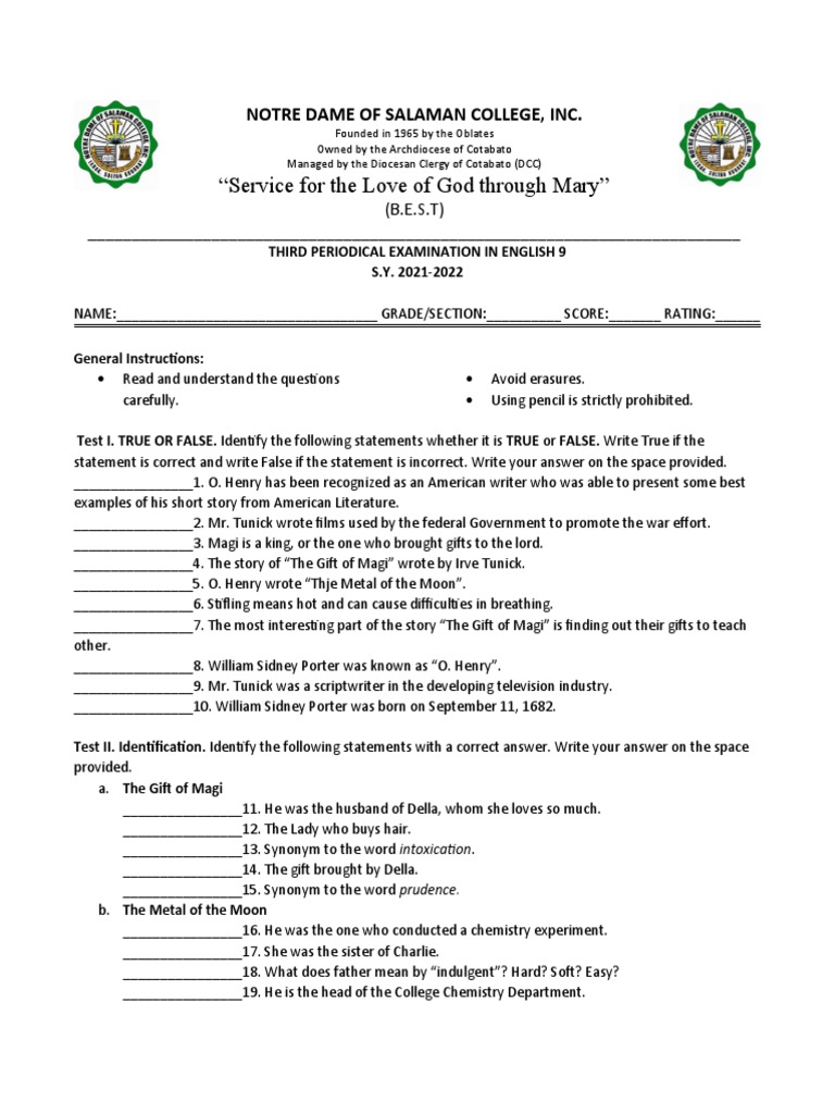 Grade 9 Third Exam | PDF | O. Henry