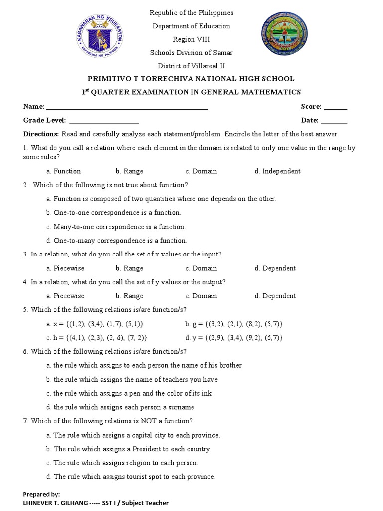 1st Quarter Examination in General Mathematics: Functions Assessment for Grade Level Students ...